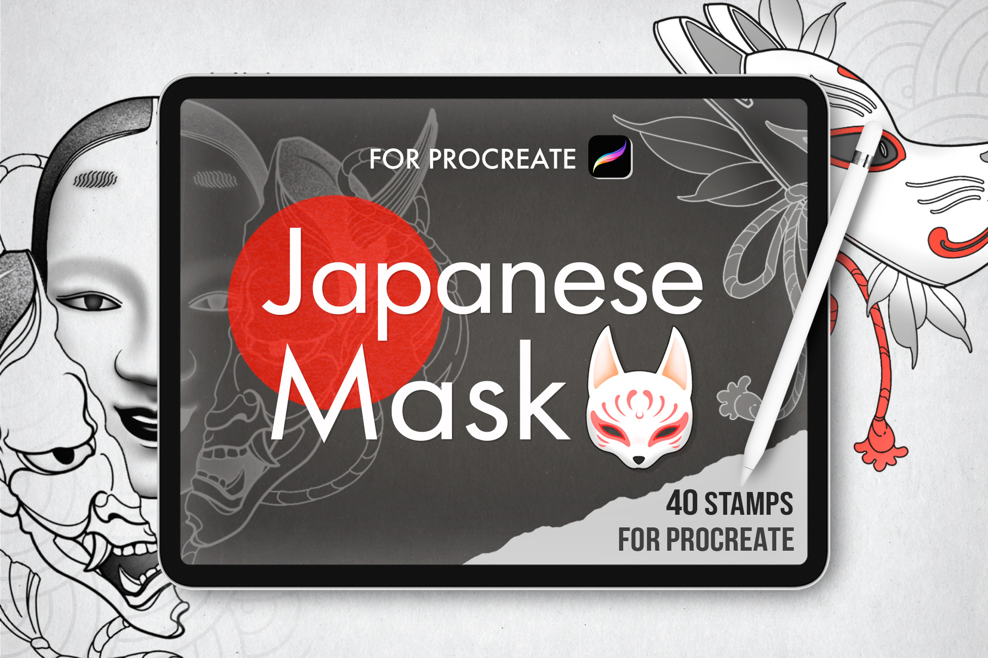 Procreate Japanese Mask Stamps, a Brush Add-On by InkPrintsTattoo
