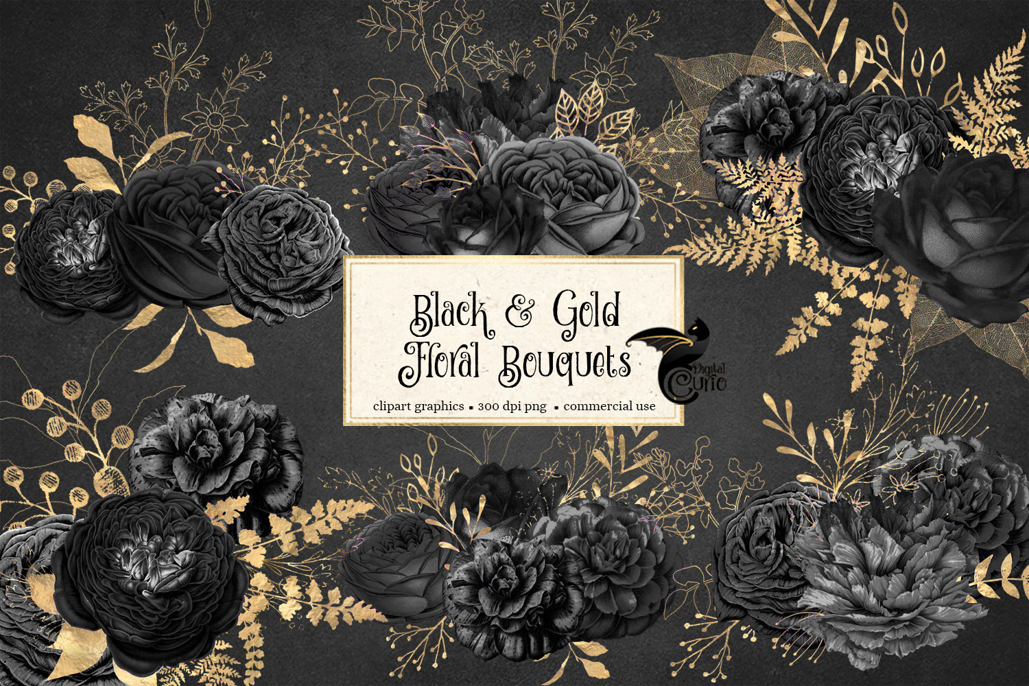 Black and Gold Floral Bouquets, an Illustration by Digital Curio