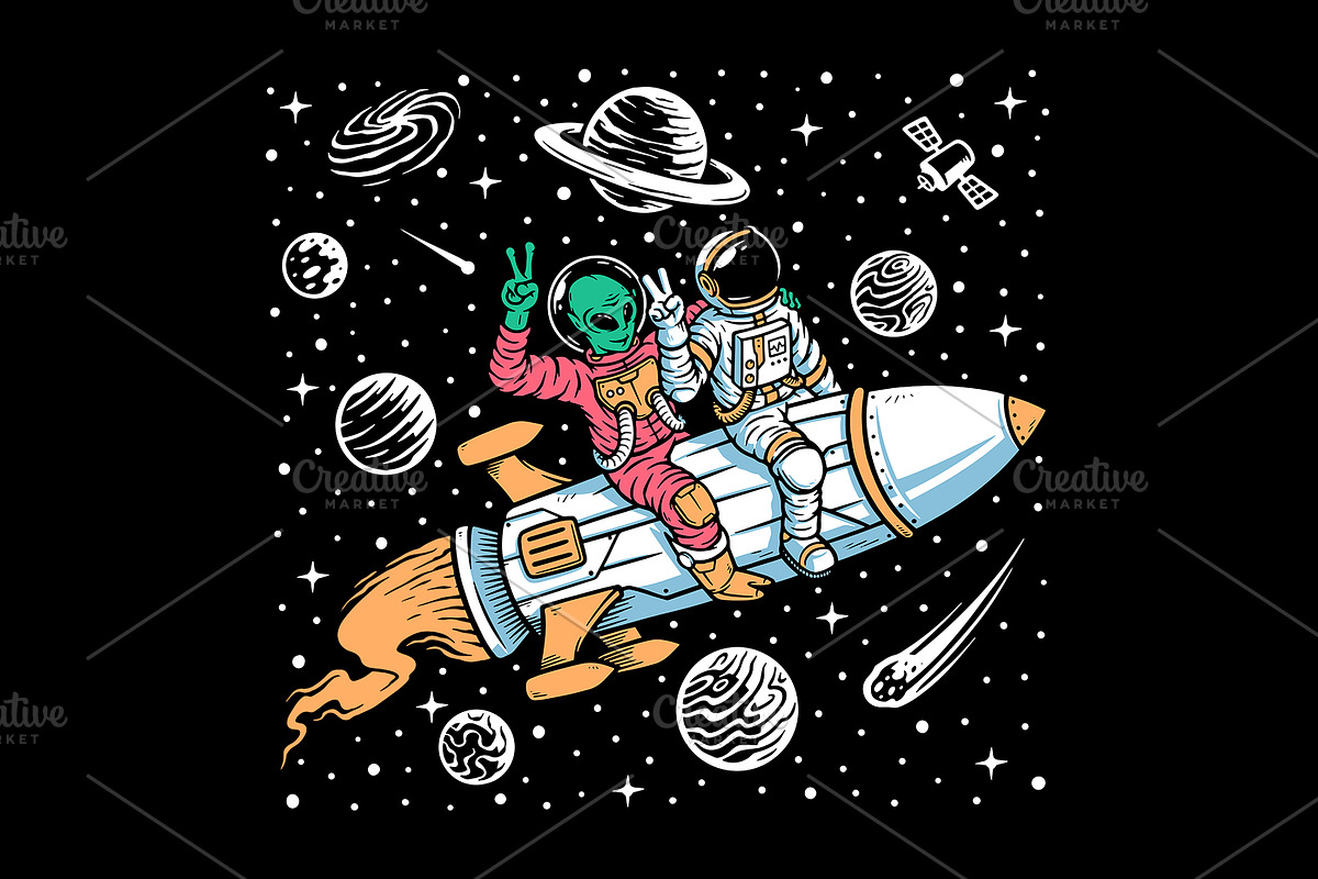 Astronaut and alien ride on rockets