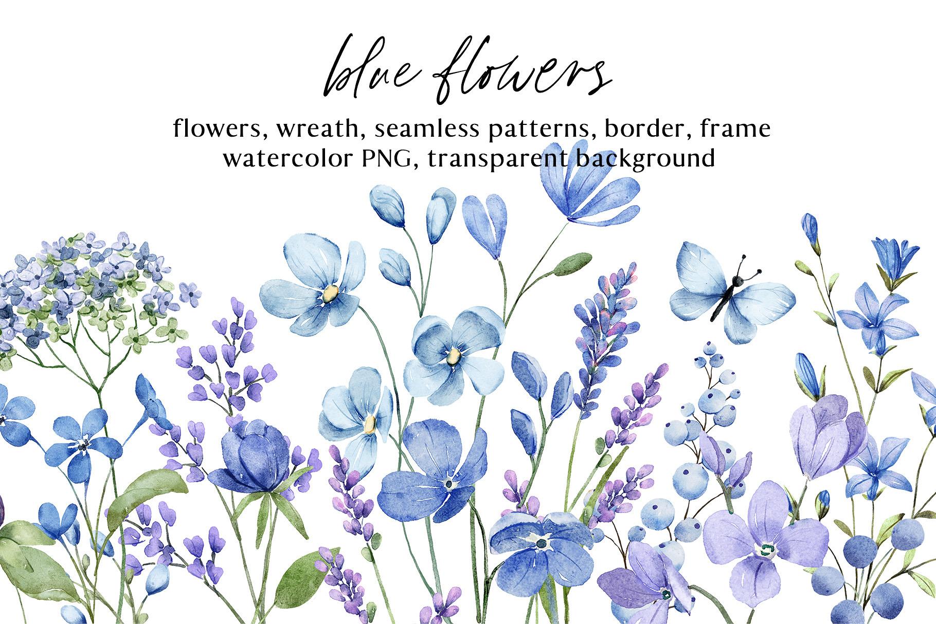 Blue flowers watercolor PNG clipart. | Creative Market