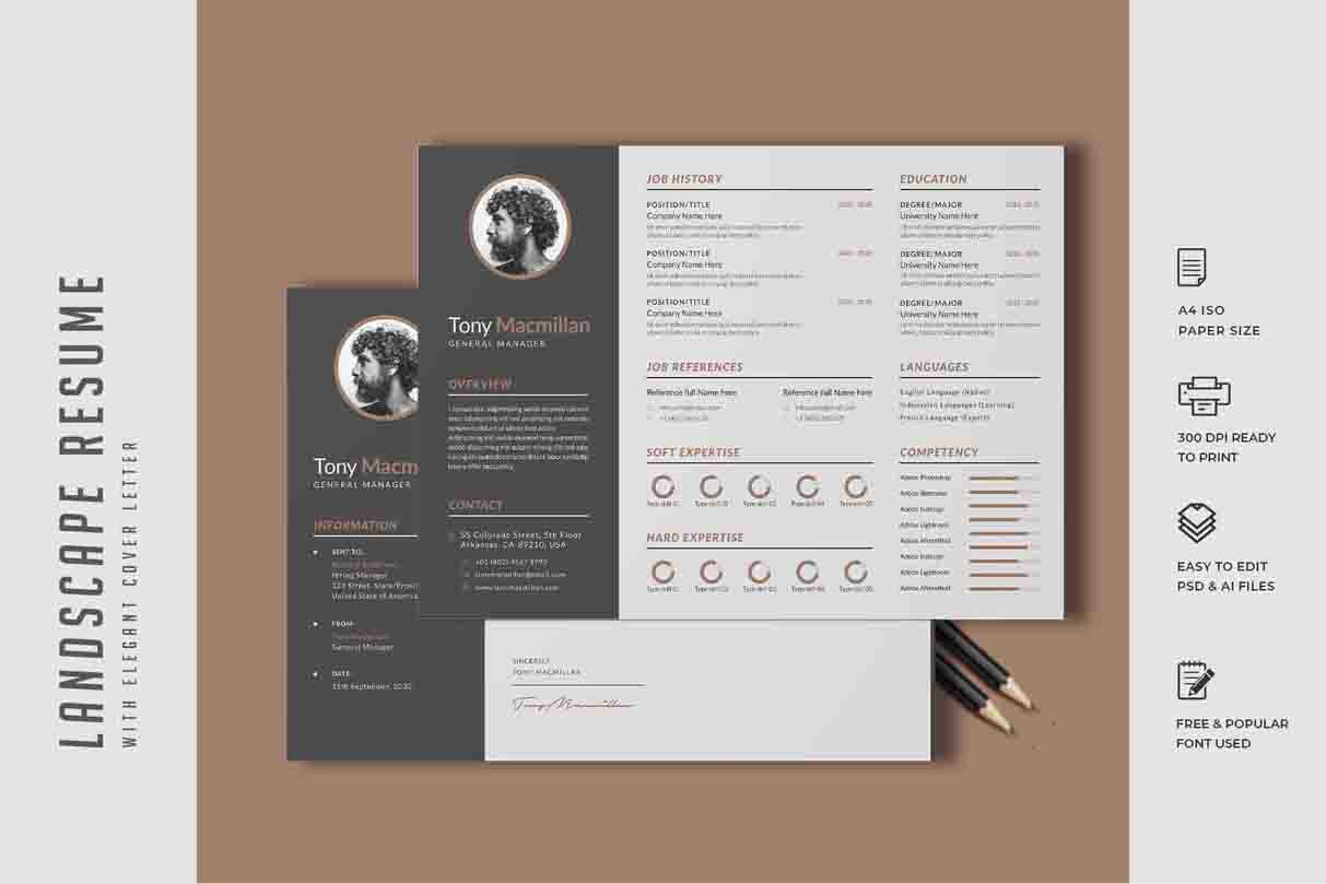 351. Landscape Resume Template, a Stationery Template by CreativeRezwan