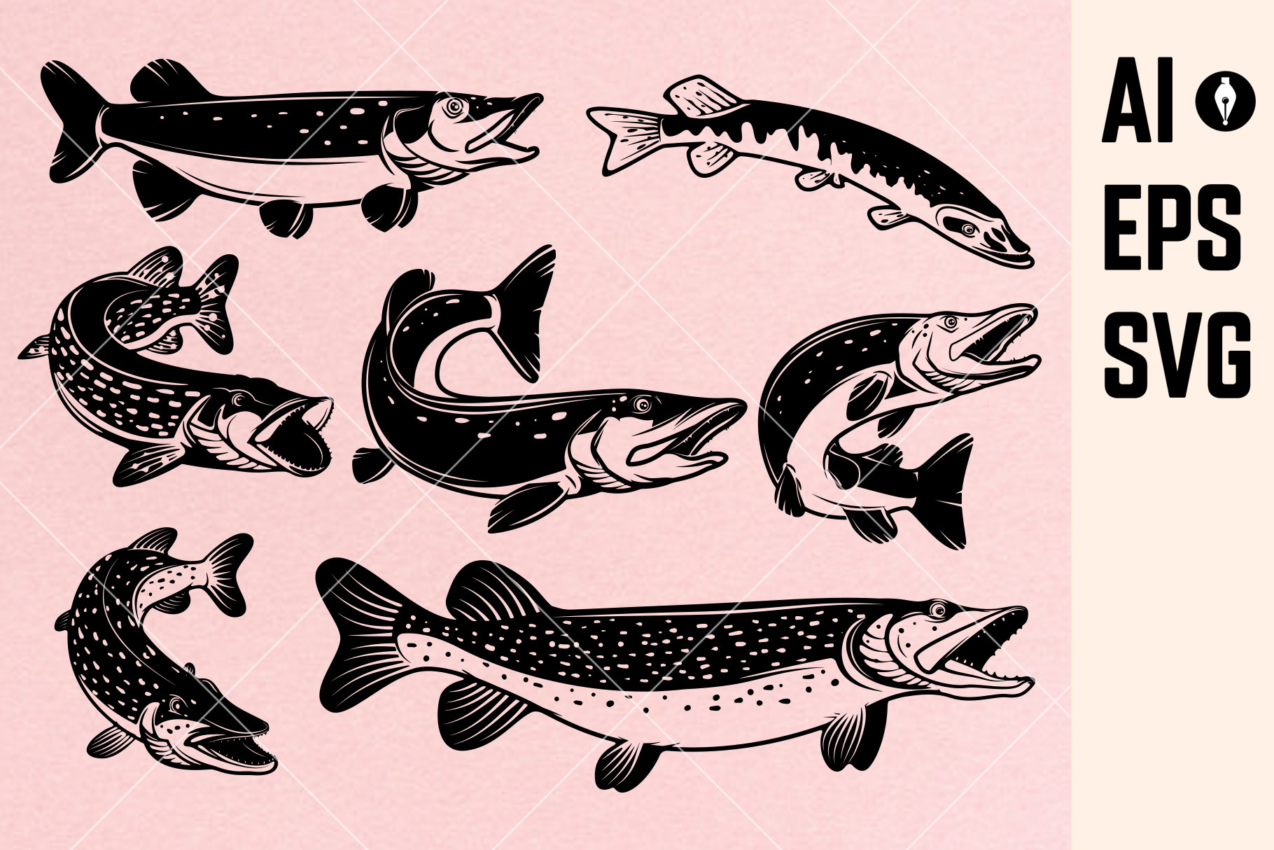 Set OF Pike Fish Illustrations Svg | Branding & Logo Templates ...