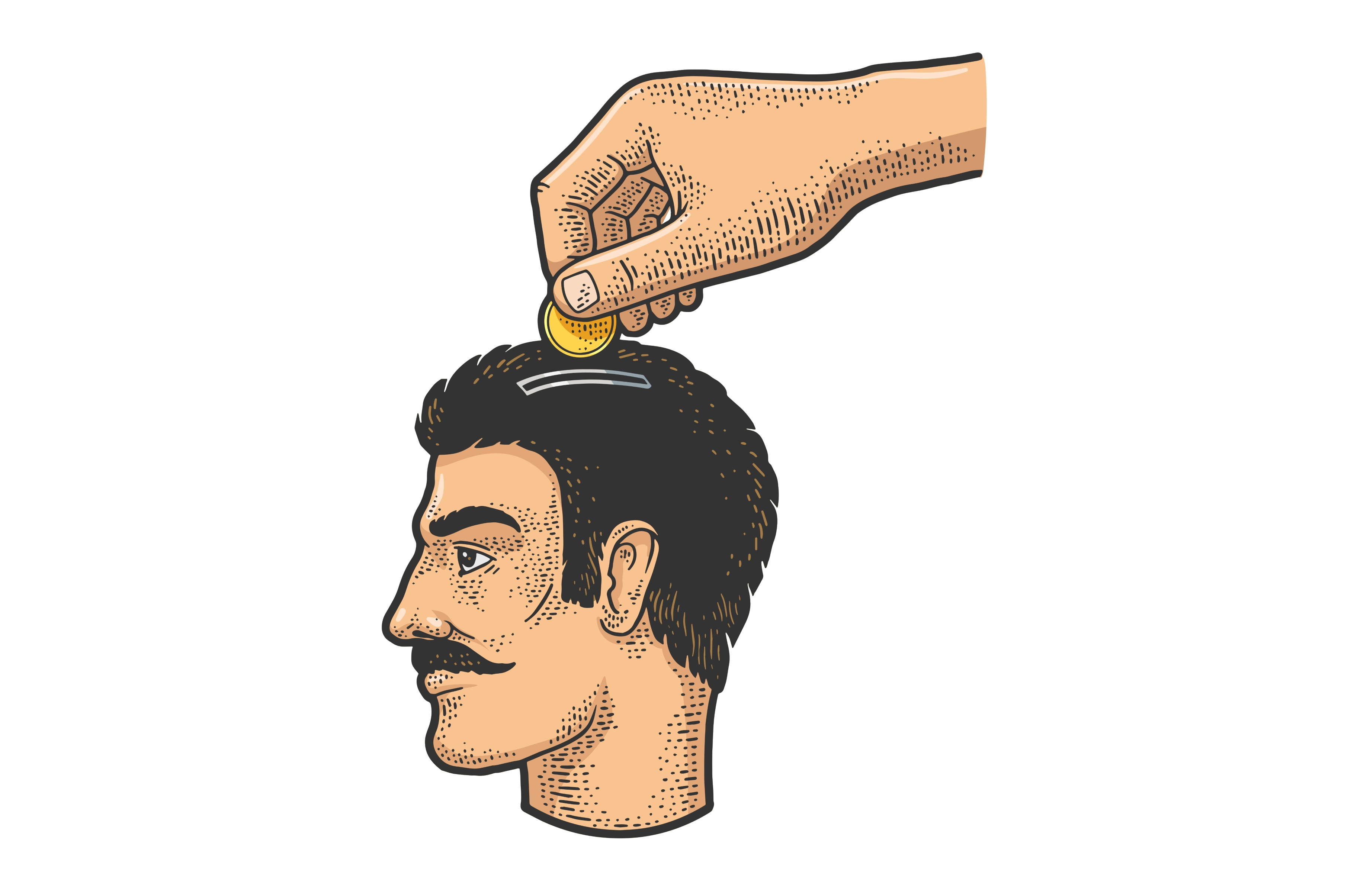hand puts coin in head sketch vector, a Finance Illustration by AlexArt