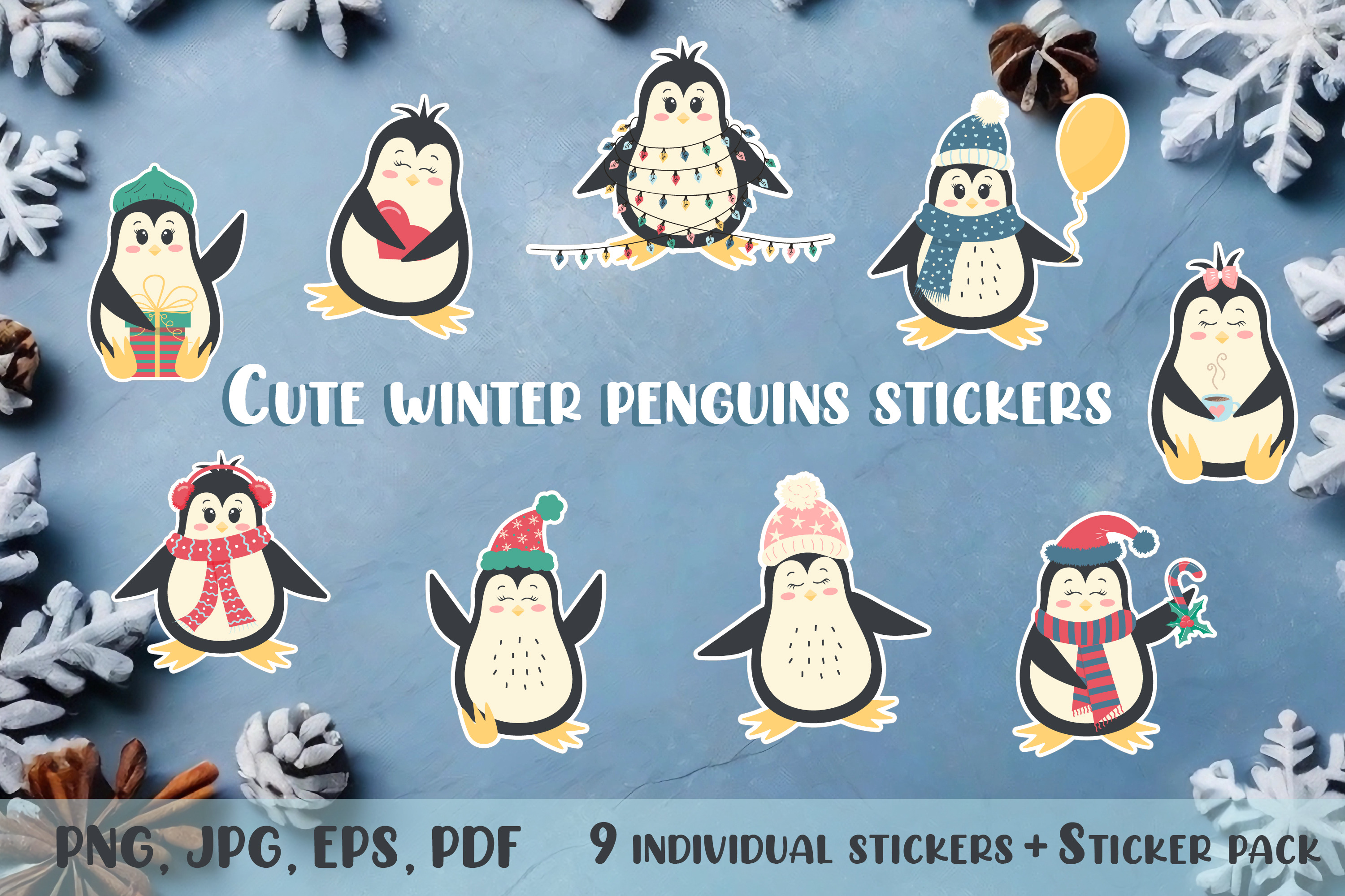 Cute winter penguins stickers, an Animal Illustration by JulyGart
