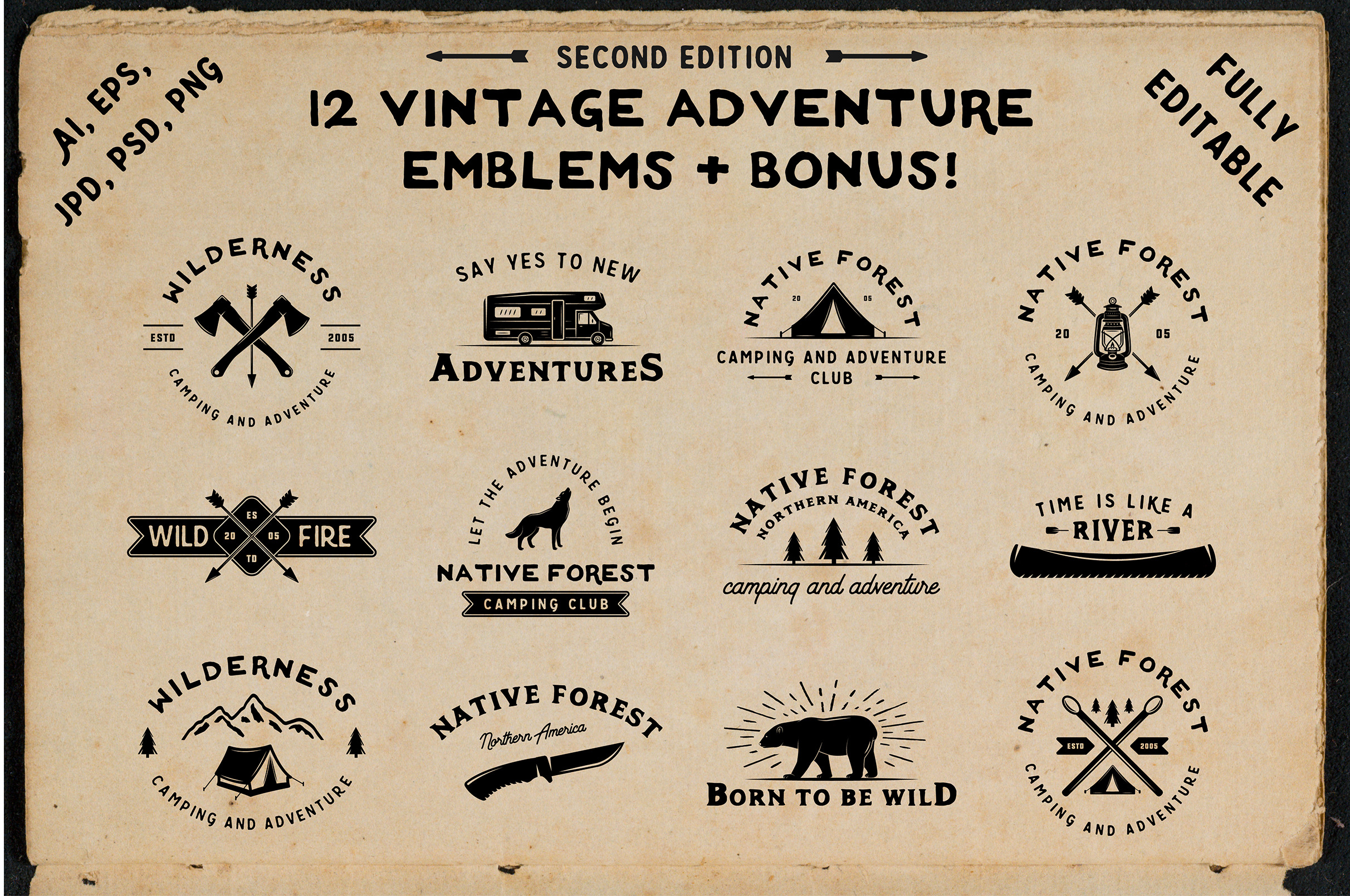 12 vintage adventure emblems, a Branding & Logo Template by AkimD