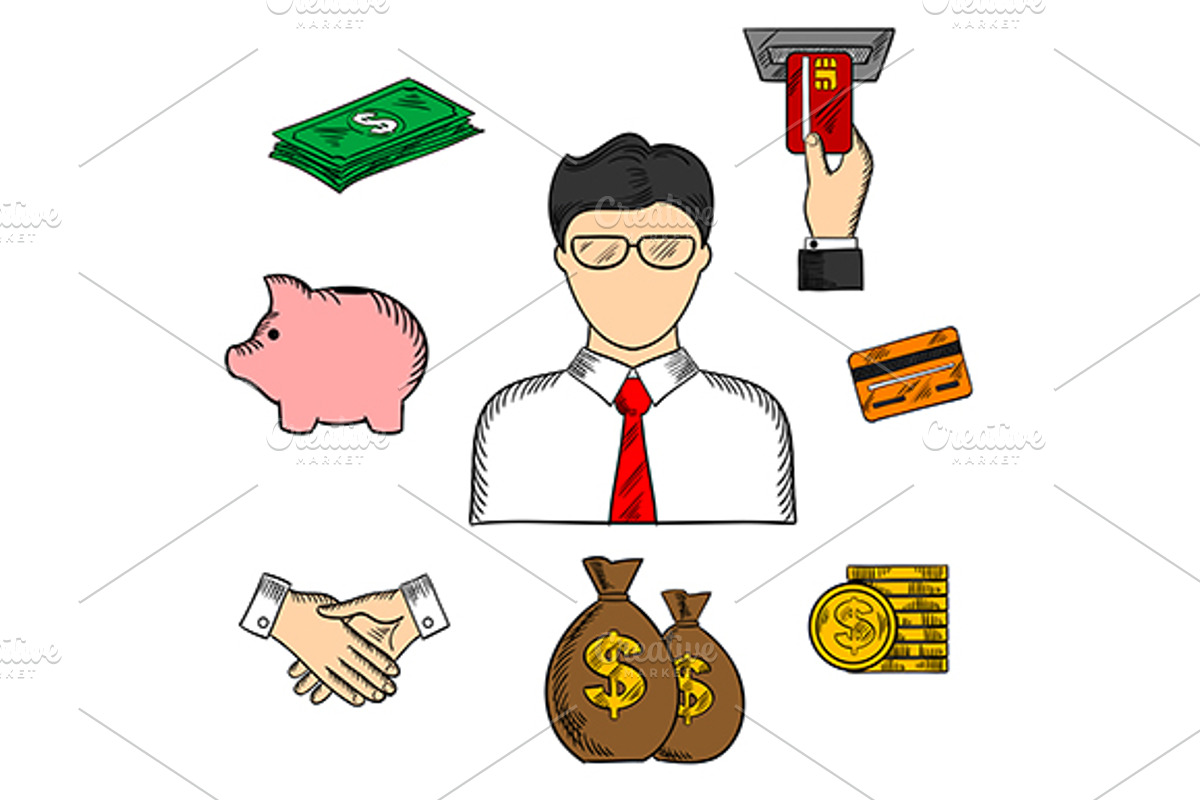 Banker profession sketch icons, a Background Graphic by Vector ...