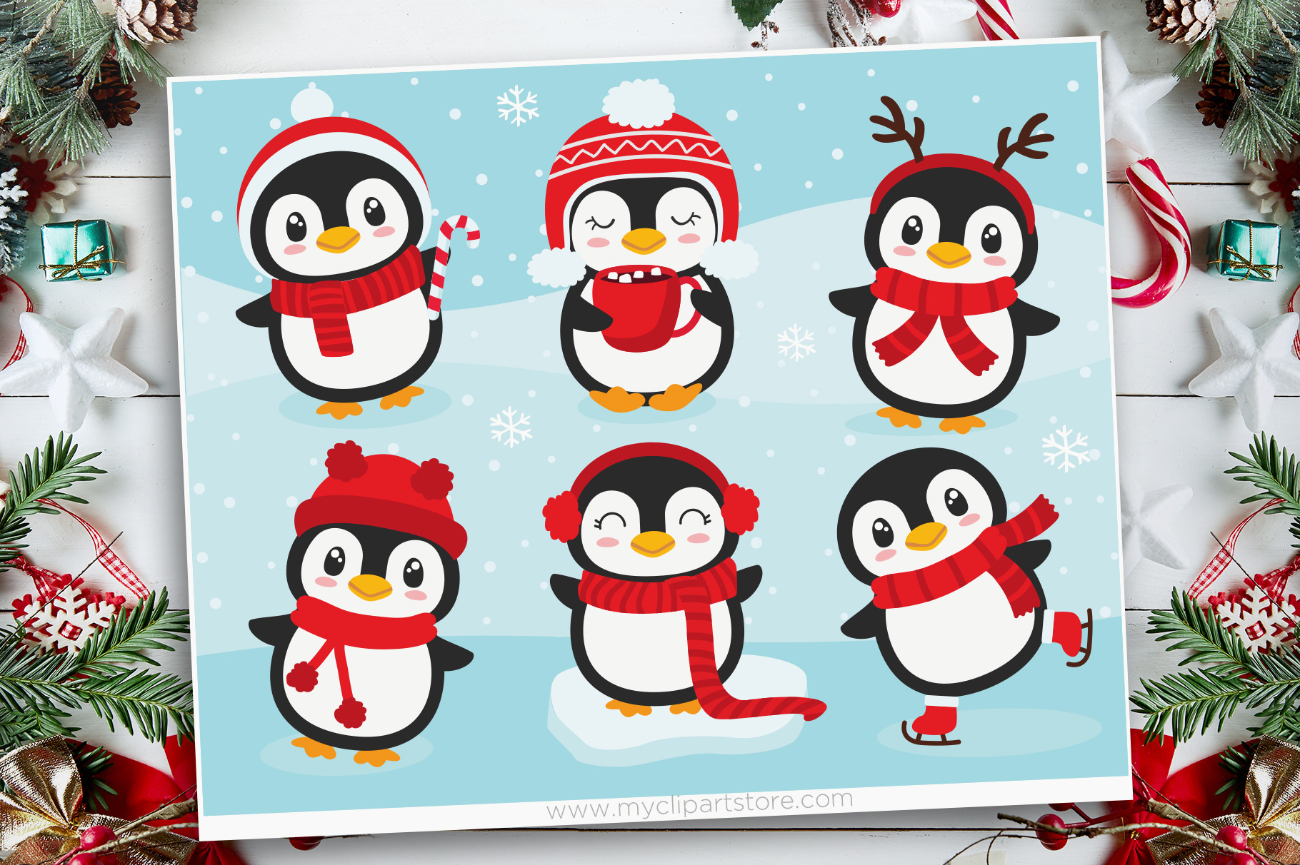 Christmas Penguins Clipart + SVG, a Seasonal Illustration by MyClipArtStore