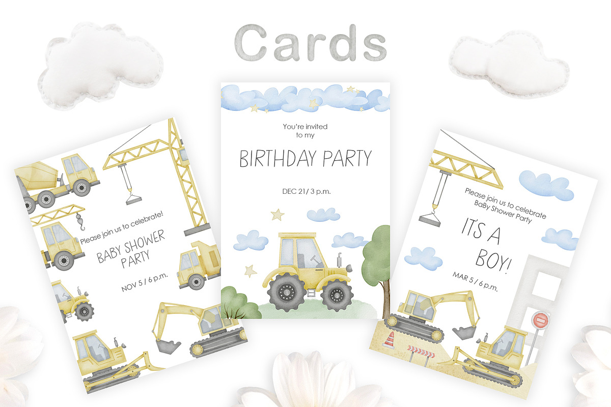 Construction Trucks watercolor set, a Transportation Illustration by ...