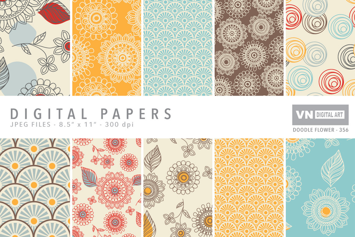 Digital Papers - Doodle Flower - 356, a Pattern Graphic by VN Digital Art