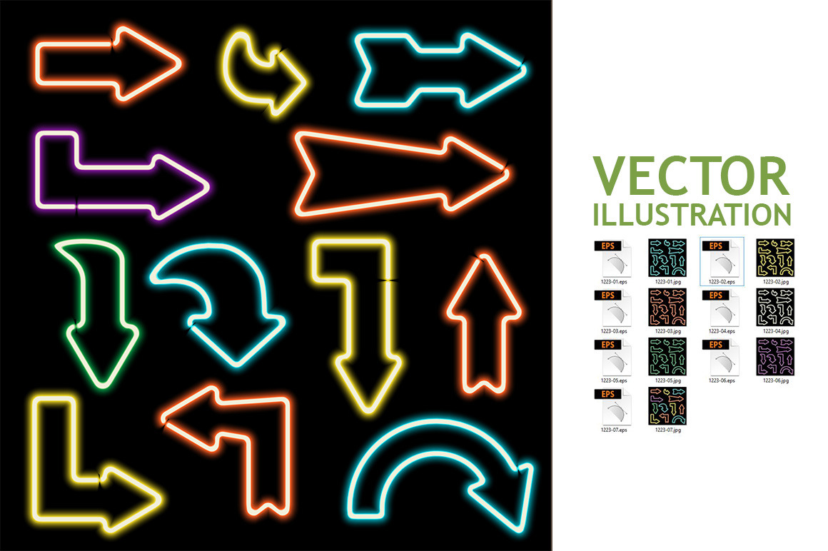 Set Neon Arrows of Different Shapes, a Decorative Illustration by ...
