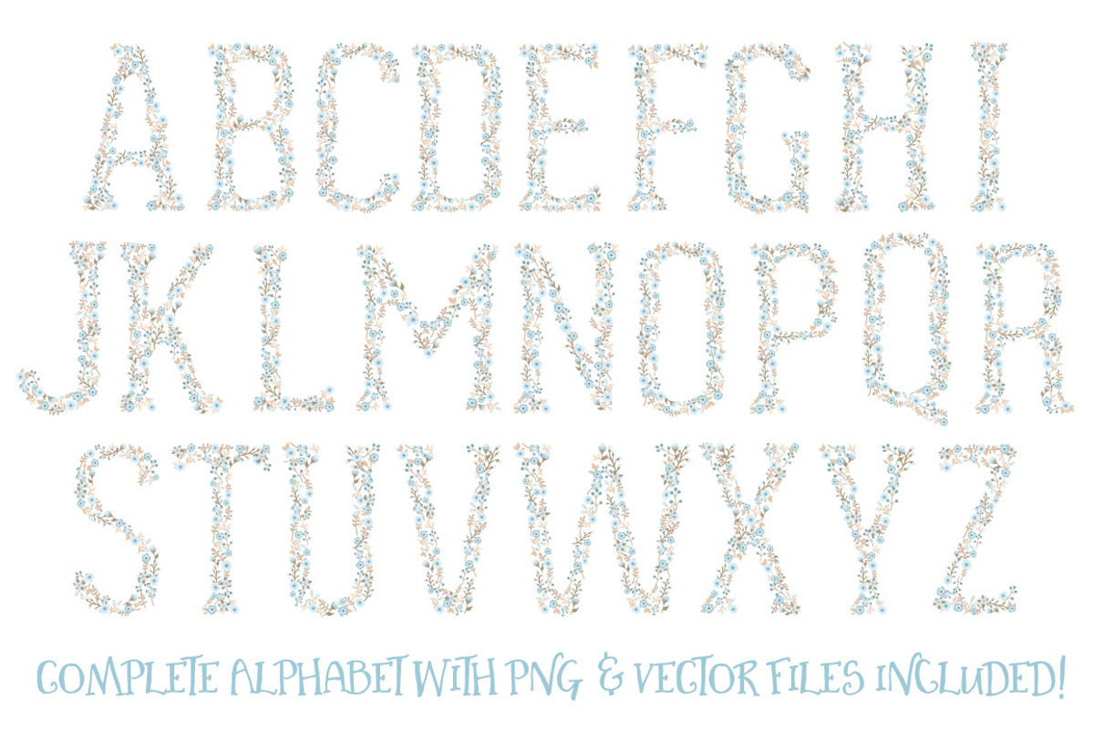 Soft Blue Floral Alphabet Clipart, an Illustration by Amanda Ilkov