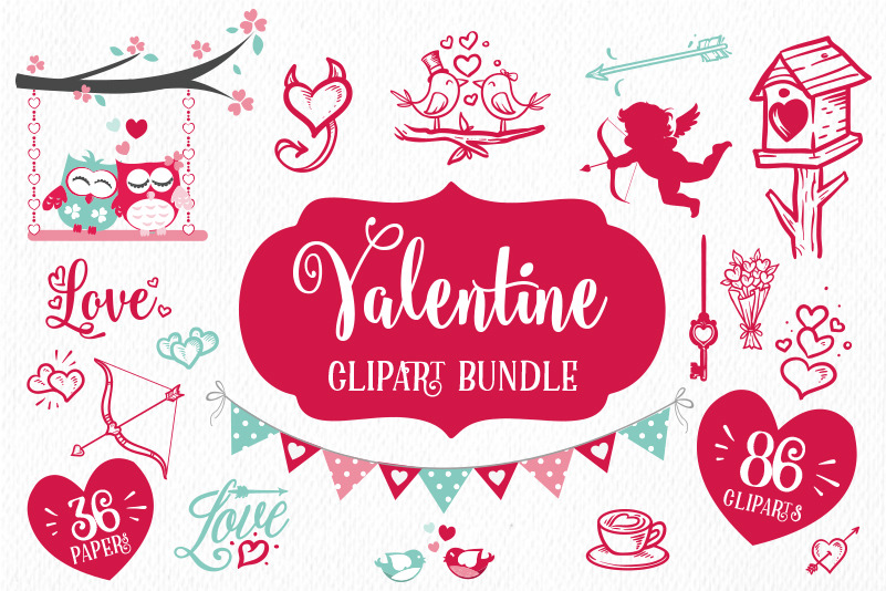 Valentine Clipart Bundle 86 cliparts, an Illustration by BlackCatsMedia