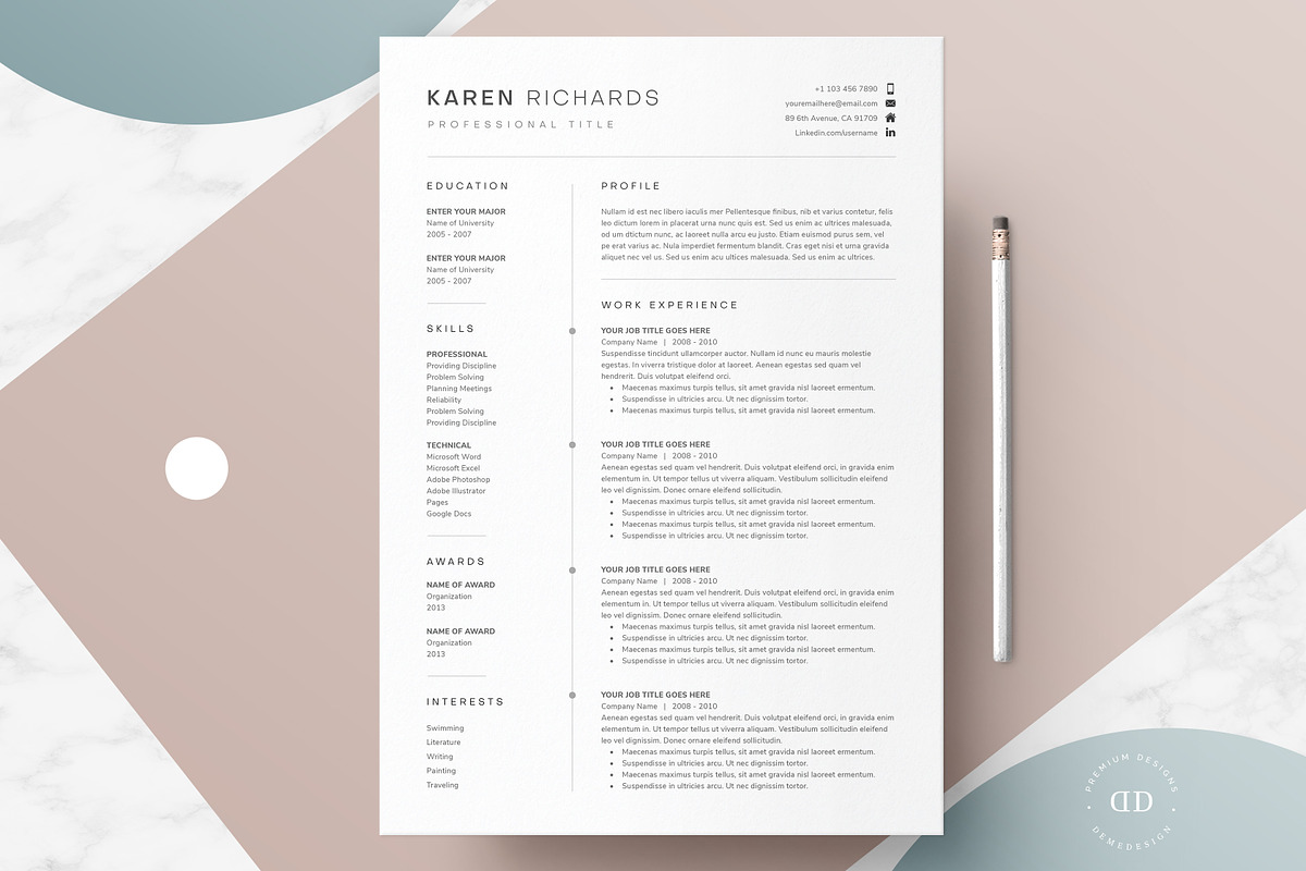 One Page Resume Template, a Resume Template by DemeDesign
