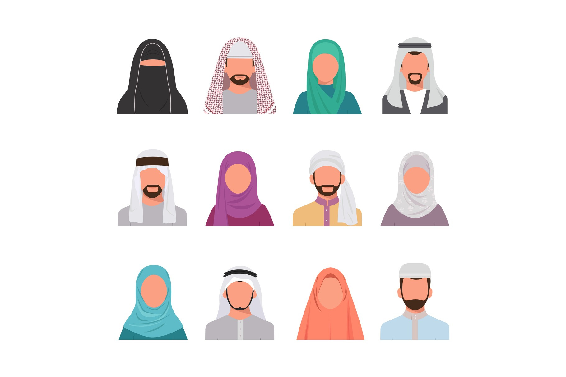 Muslim characters avatars set, a Person Illustration by Multigon