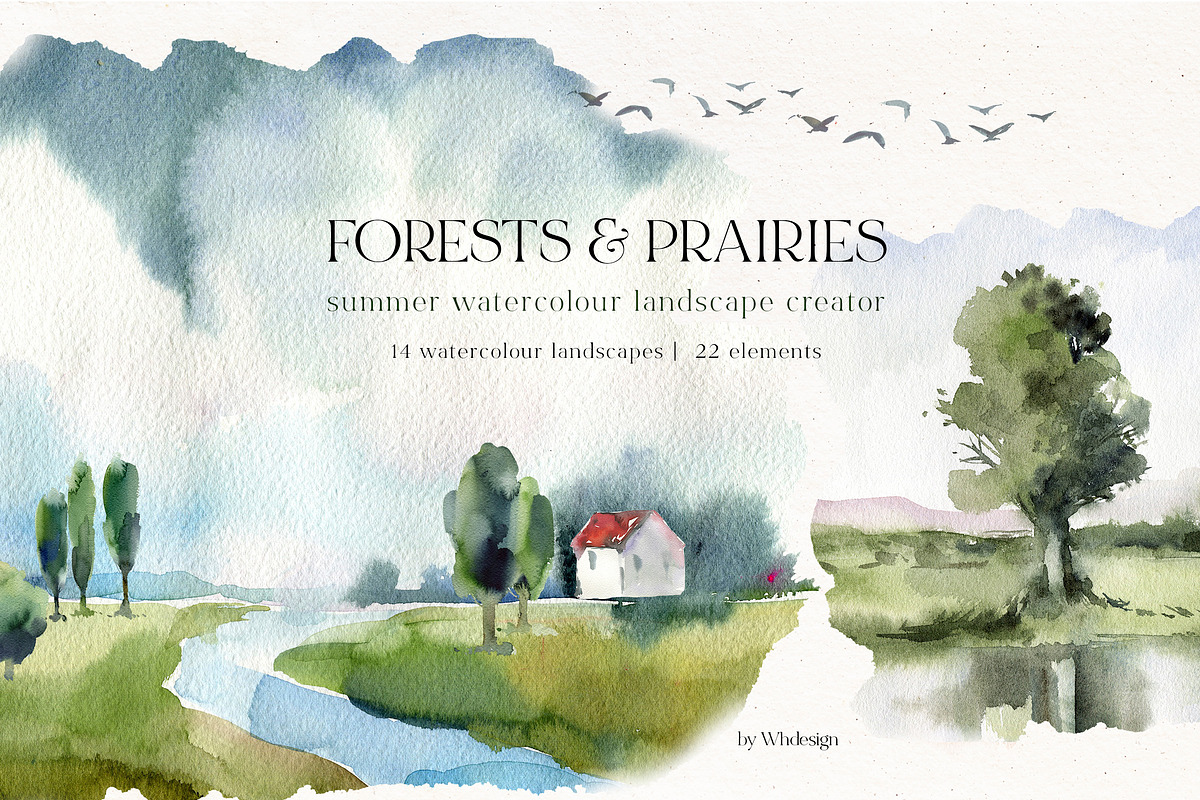 Watercolor Summer Landscapes and trees clip art.