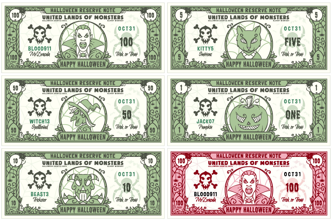 Halloween Money Banknotes Vector Set, a Finance Illustration by pixaroma