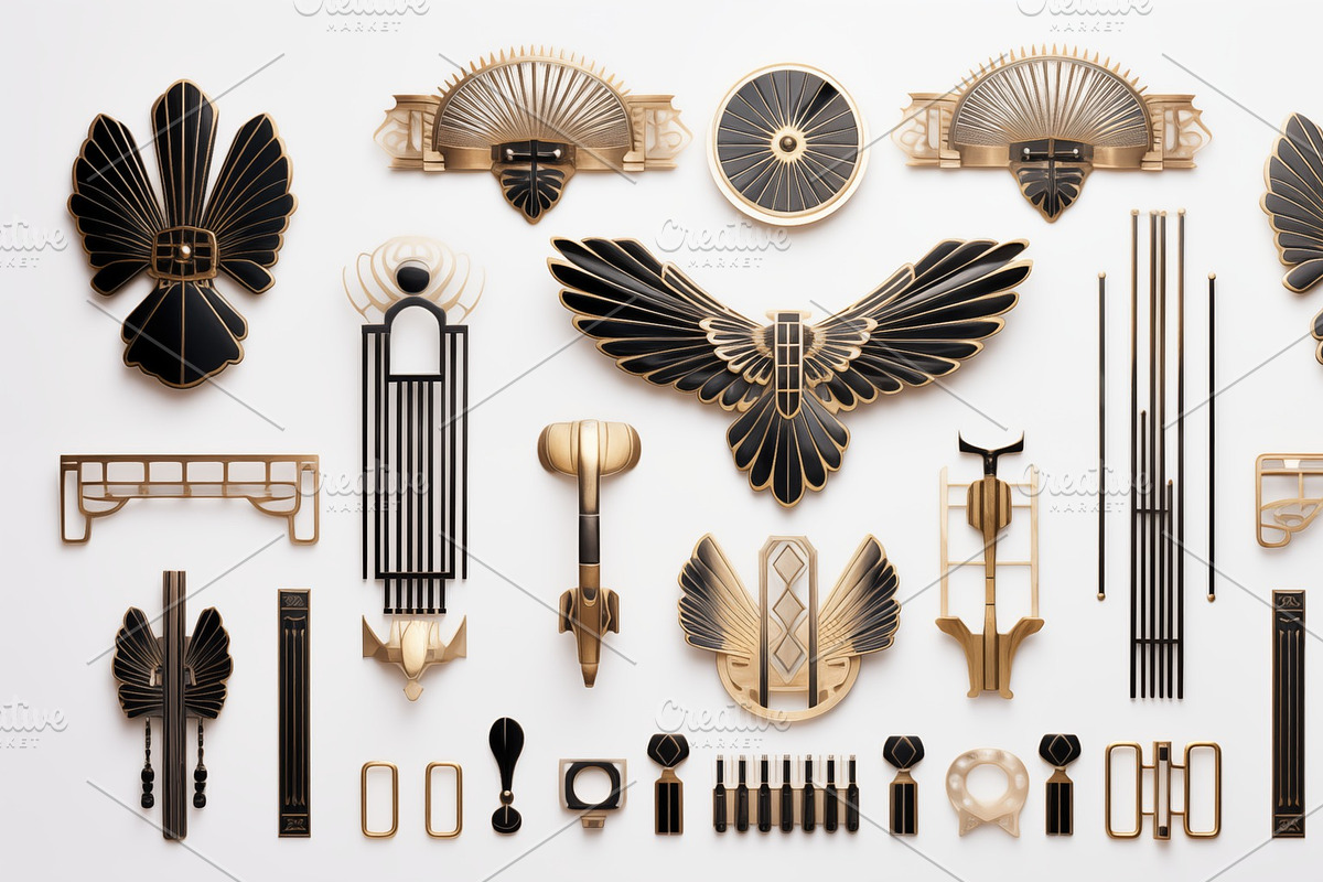 A collection of Art Deco art deco design elements featuring intricate ...