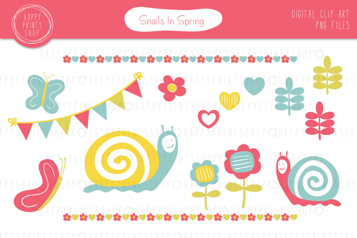 Snails In Spring Clip Art Set, an Illustration by Happy Prints Shop