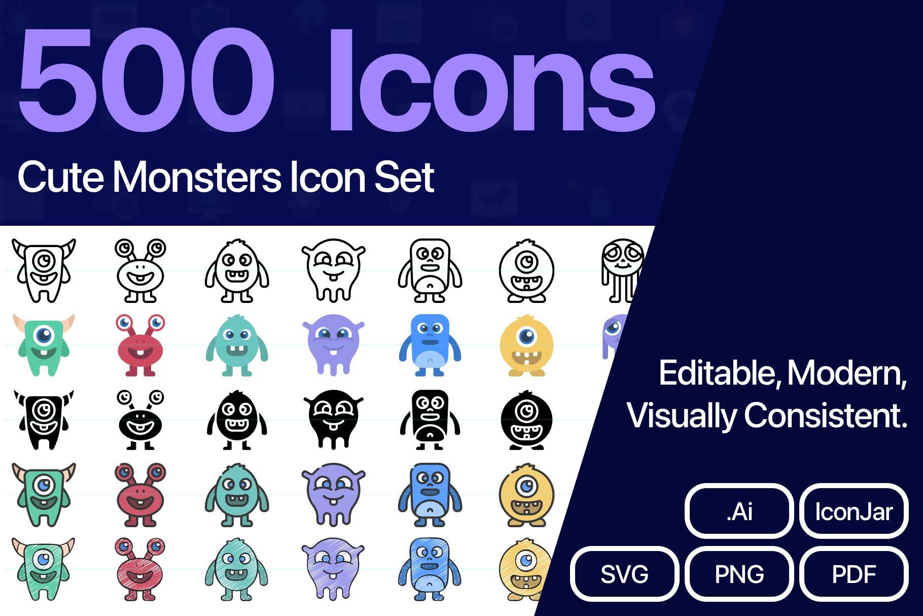 500 Cute Monsters Vector Icons, an Outline Icon by Juicy Icons