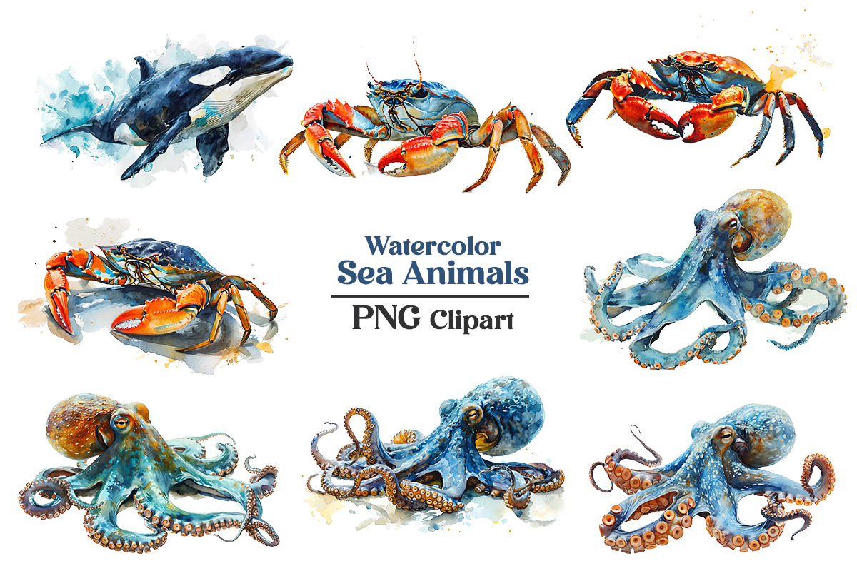 Watercolor sea animals clipart png