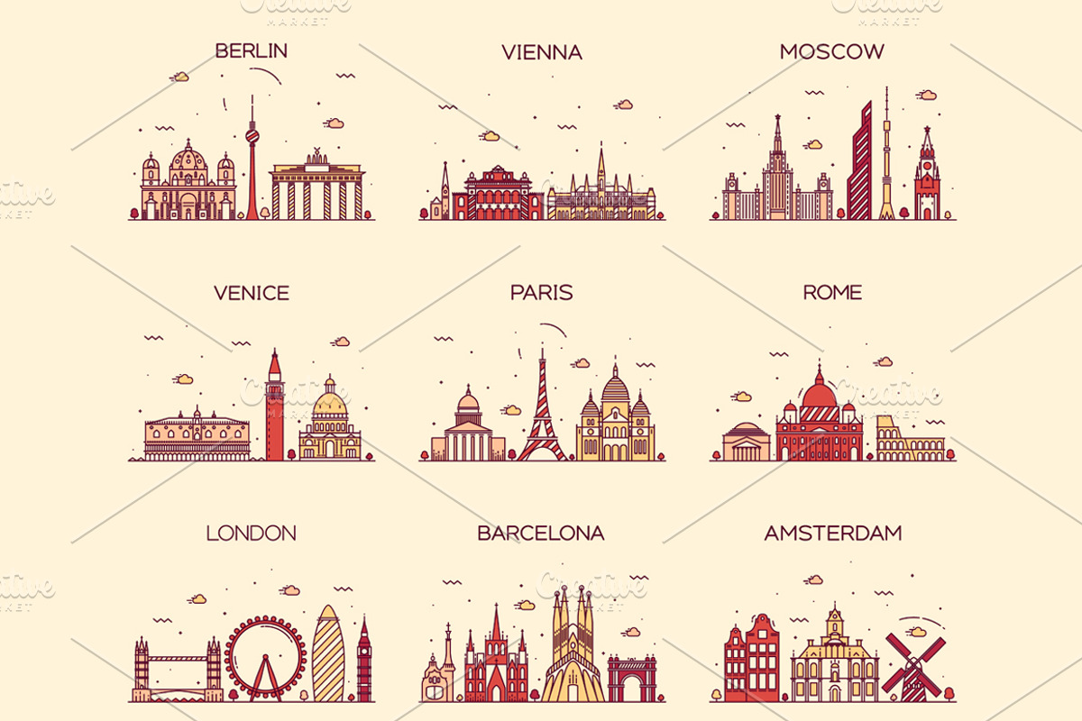 Set of 9 Europe cities skylines, an Illustration by TheMountBirdStudio