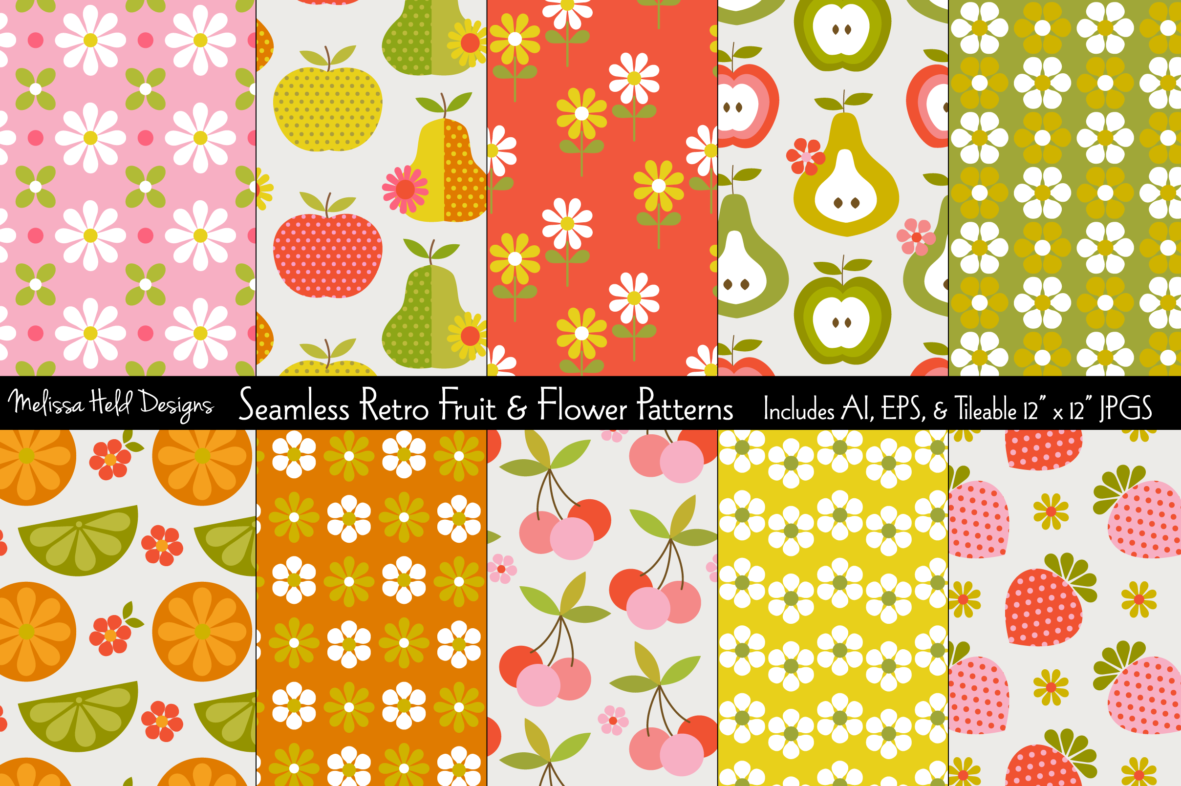 Retro Fruit Flower Patterns, a Pattern Graphic by Melissa Held Designs