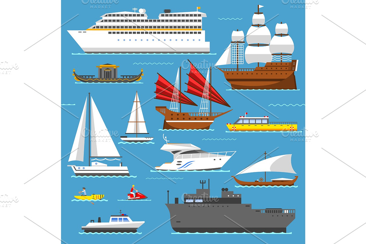 Super set of water ships boats transport vector illustration, a ...
