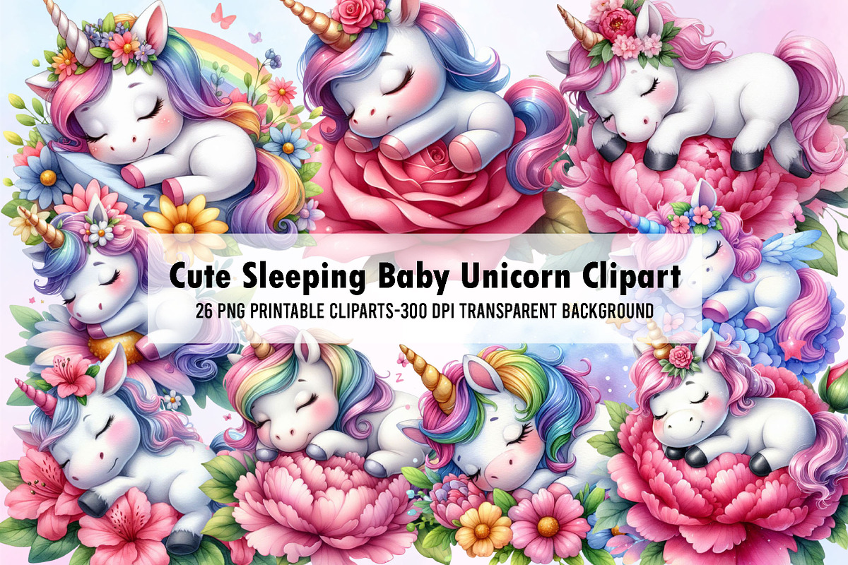 Cute Sleeping Baby Unicorn Clipart, an Illustration by Libby Wishes