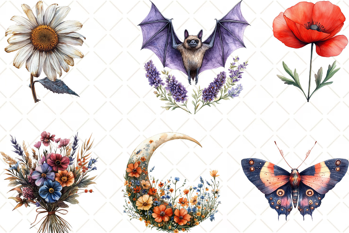 Goth Halloween Wildflowers Clipart, an Illustration by Black Bird Studio