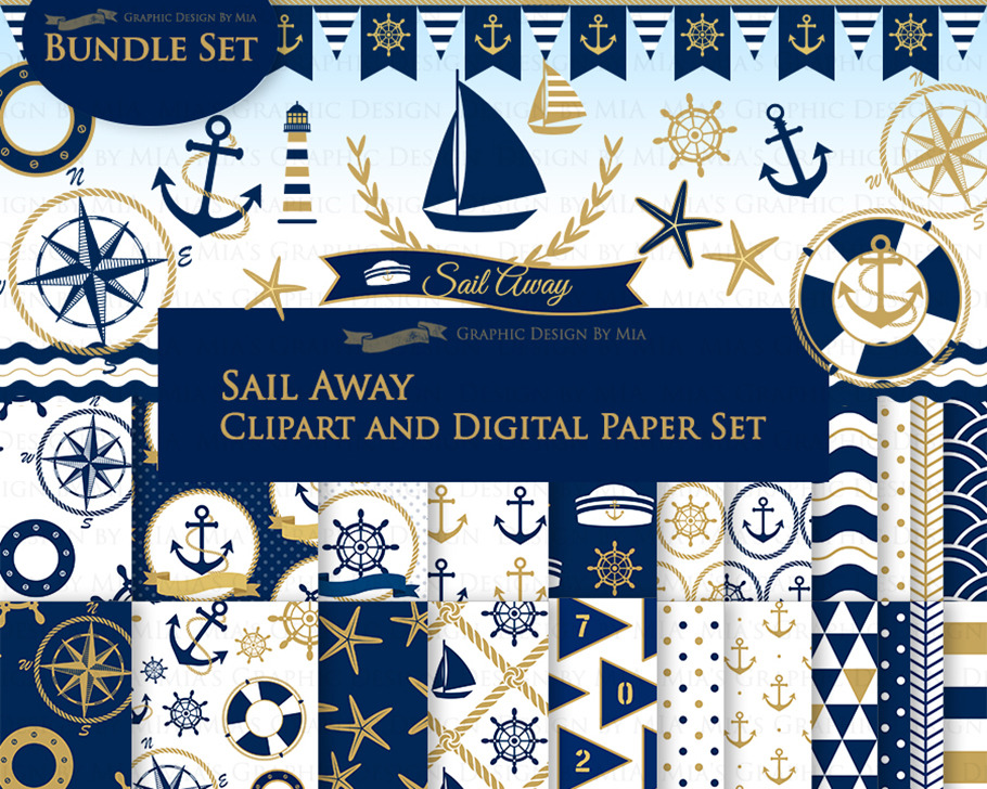 Sail Away Navy and Flat Gold, an Illustration by Mia's Graphic Design