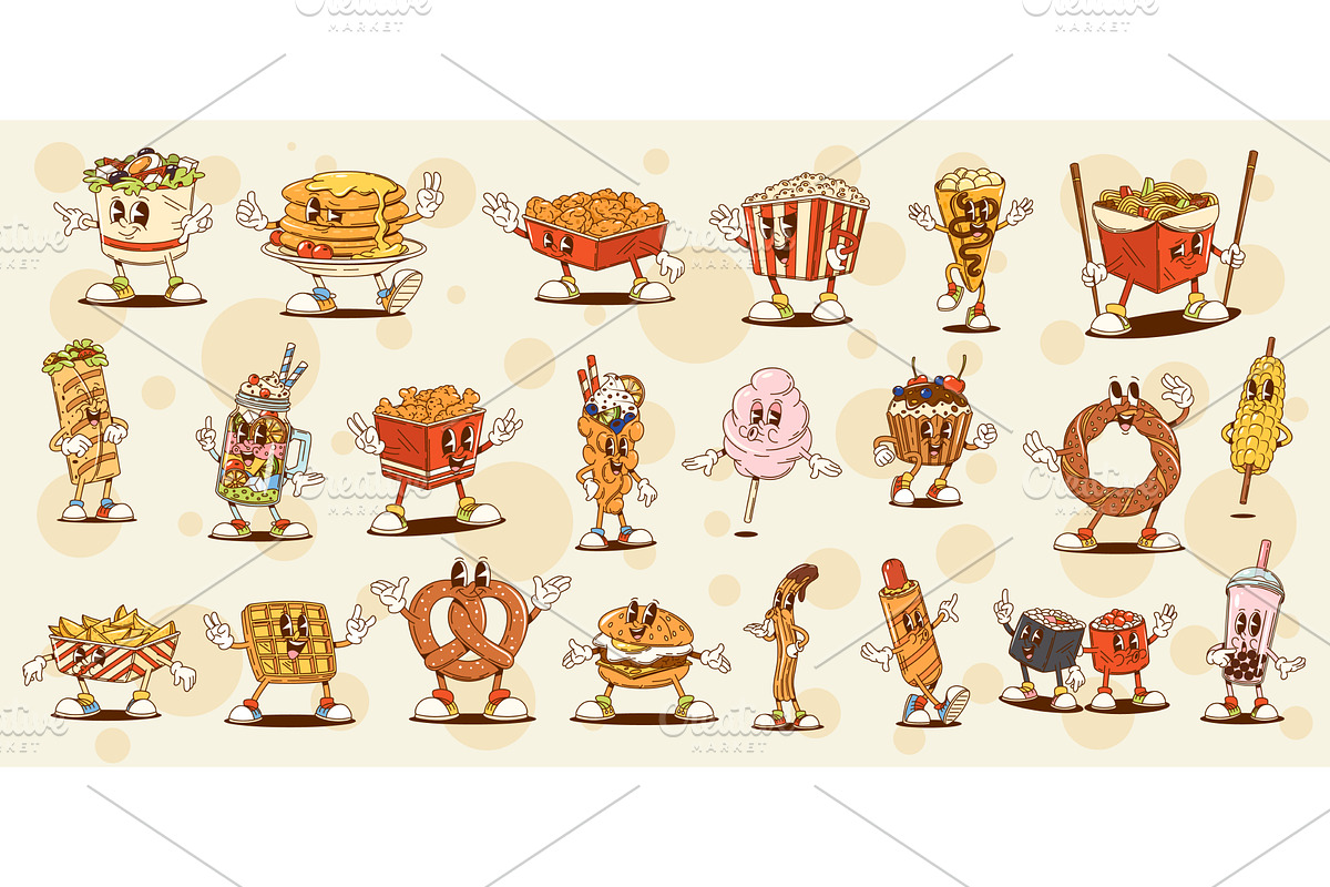 Groovy fast food characters, a Food Illustration by Vector Tradition