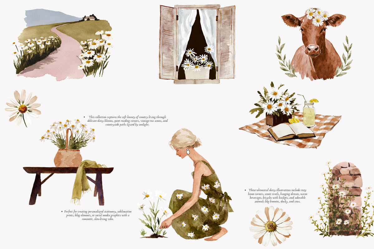 daisy flowers cottagecore girl set, a Decorative Illustration by ...