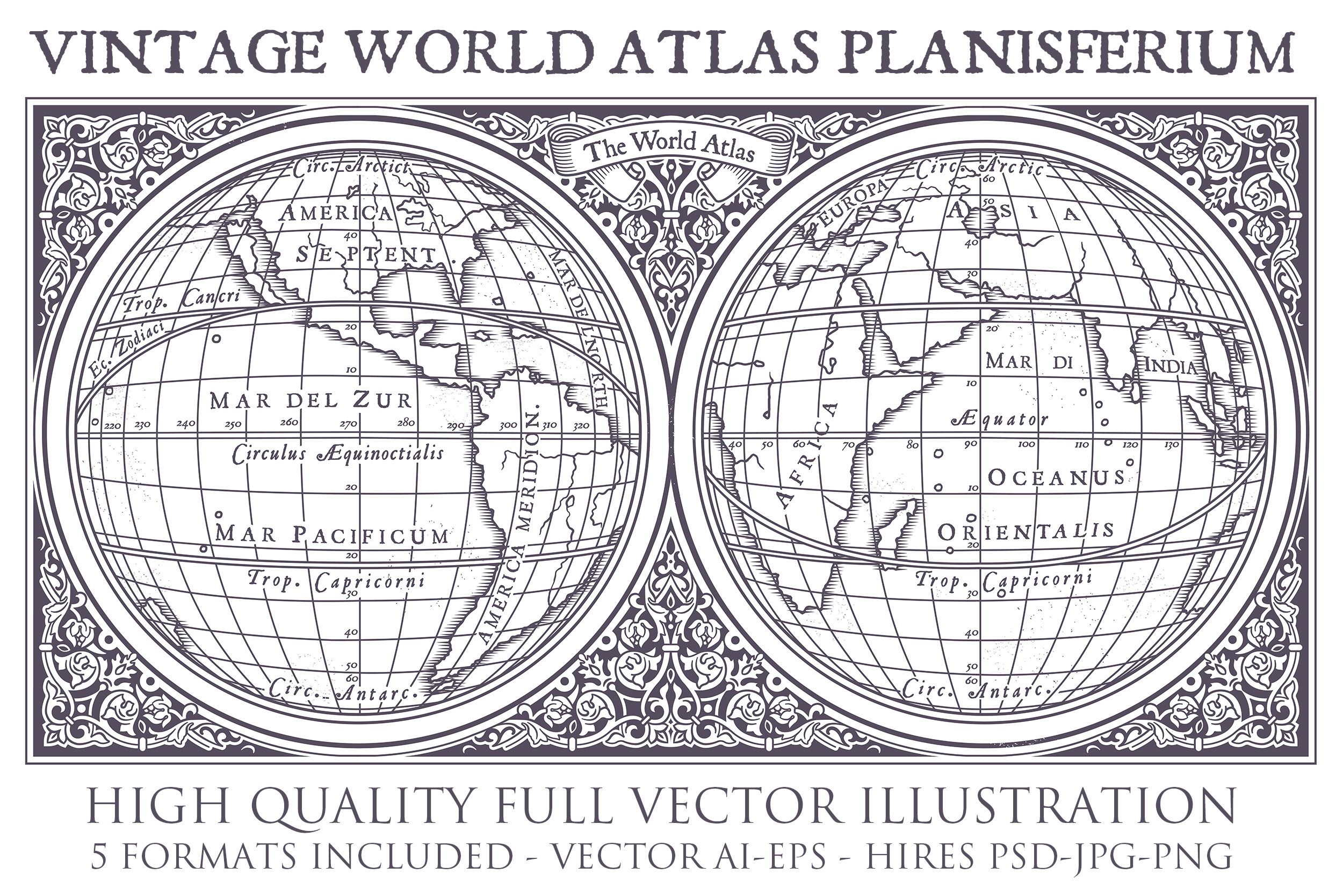 Vintage Planisferium World Atlas, a Decorative Illustration by ...