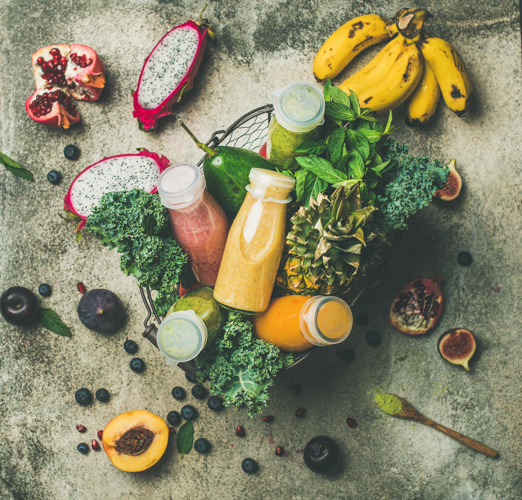 Colorful smoothies in bottles featuring smoothie, juice, and fruit, a ...