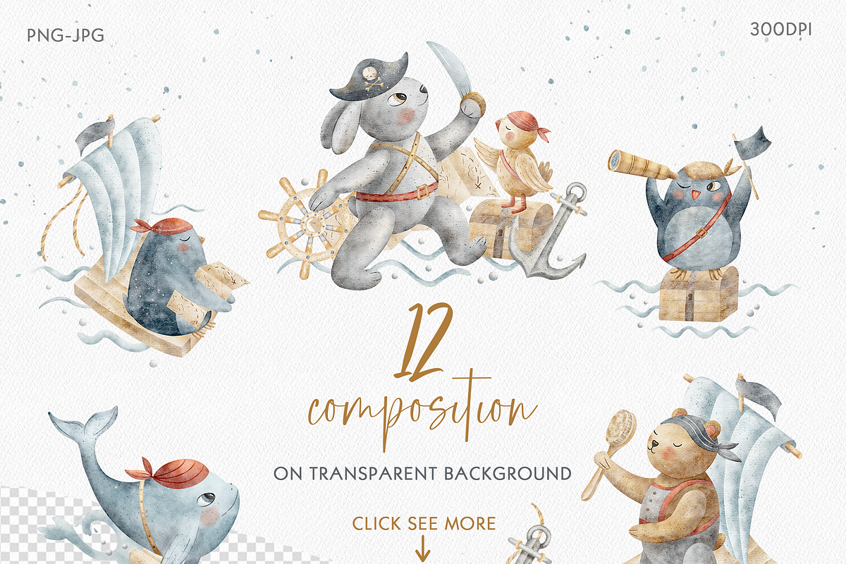 Pirates animals watercolor clip art, an Animal Illustration by ...