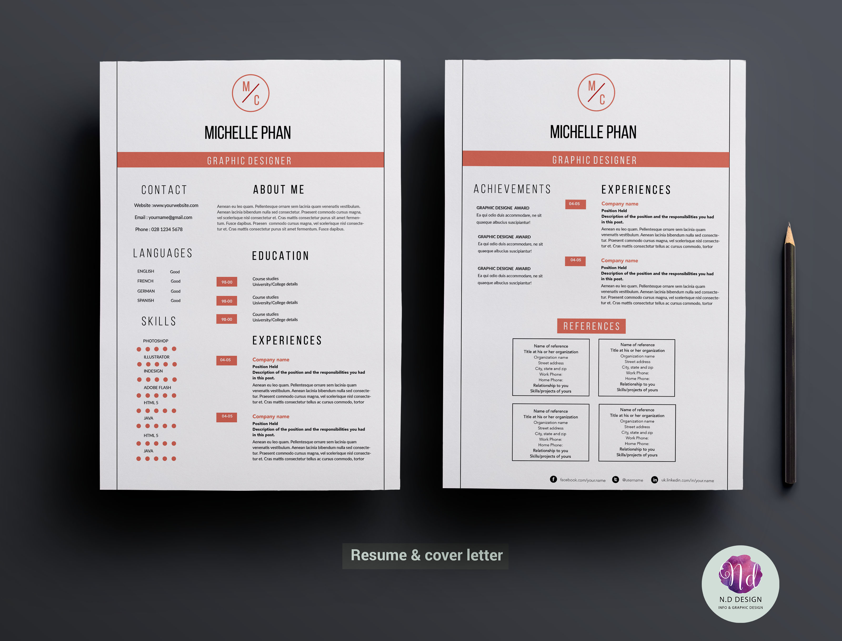 Modern 2 page CV + cover letter, a Resume Template by Chic templates