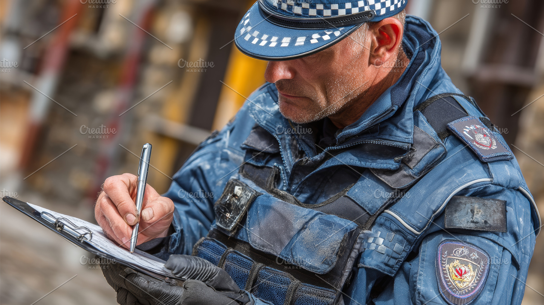 Police officer taking notes during an outdoor incident investigation, a ...