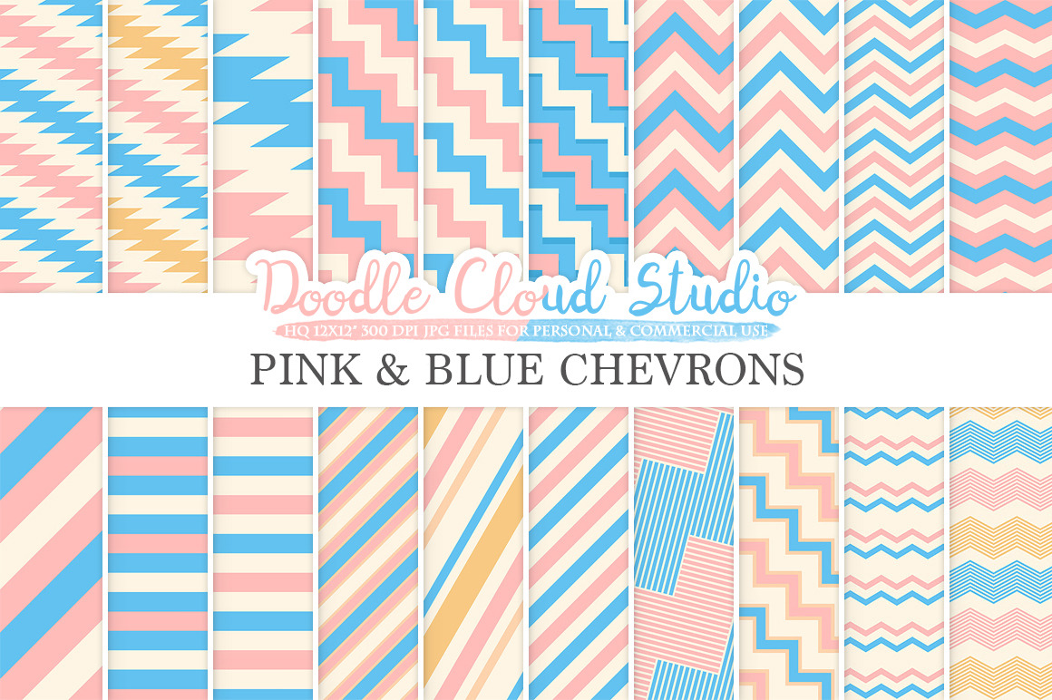 Pink and Blue Chevron digital paper, a Pattern Graphic by Doodle Cloud ...