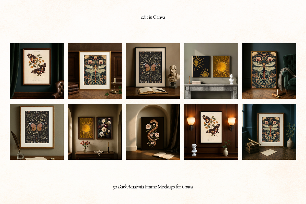 50 Dark Academia Frame Mockups for Canva