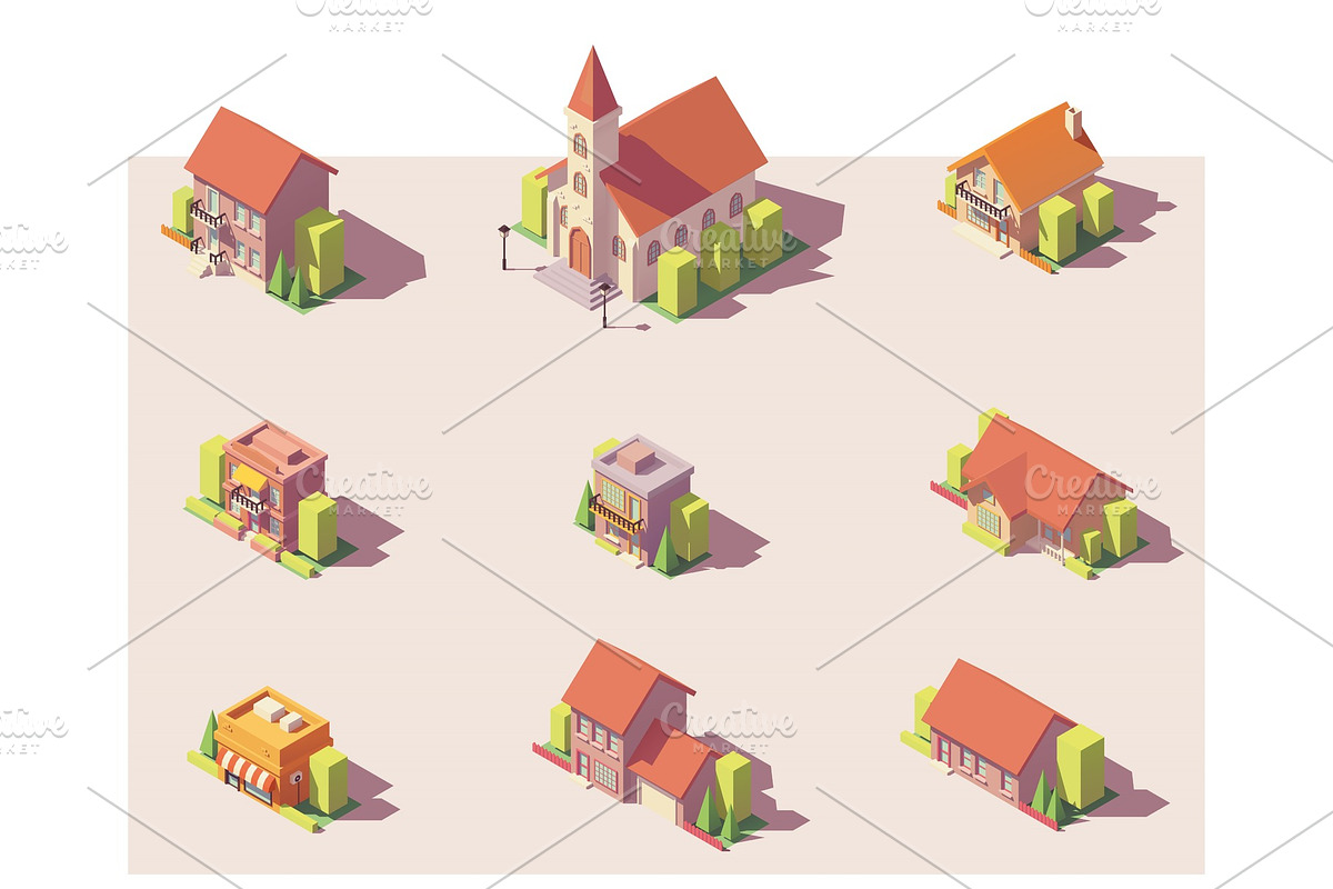 Vector low poly isometric buildings set, a Work Illustration by tele52 ...