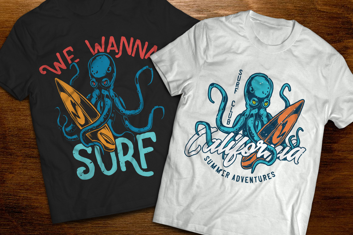 Surfing Octopus t-shirts and posters, an Animal Illustration by VozzyStock