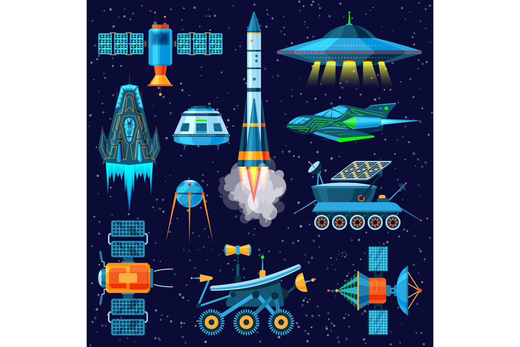 Rocket vector spaceship or spacecraft and satellite or lunar-rover ...