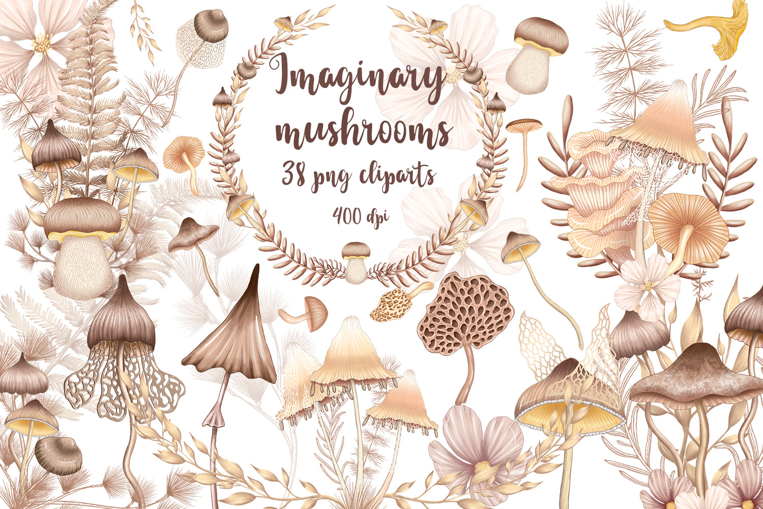 Imaginary forest mushrooms clipart set