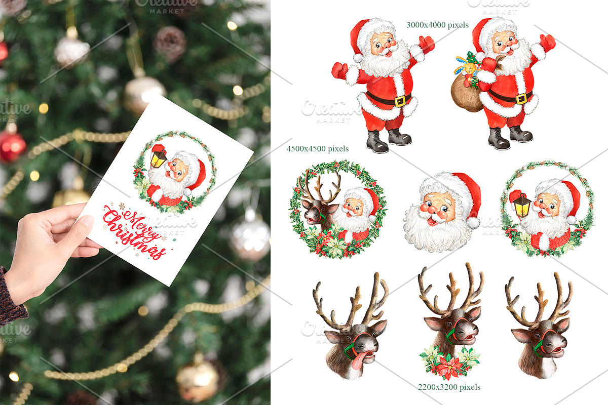 Santa, reindeer watercolorclipart., a Decorative Illustration by SavinV ...