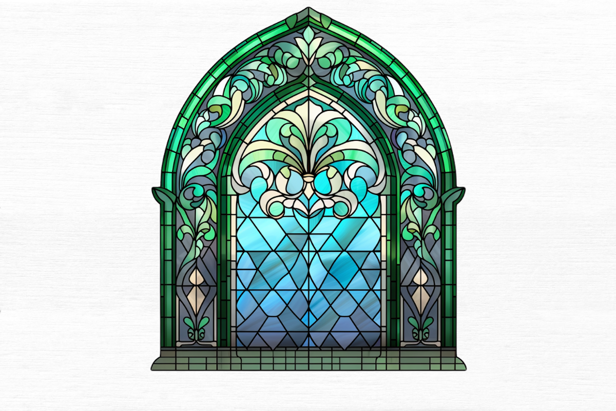 Emerald Stained Glass Arched Window, an Object Graphic by Regulrcrative