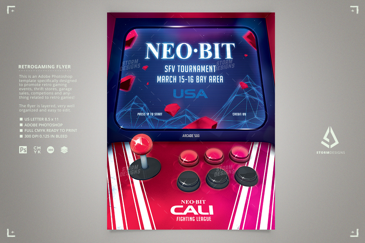Retro Game Flyer Neo Arcade Cabinet, a Flyer Template by Storm Pixels