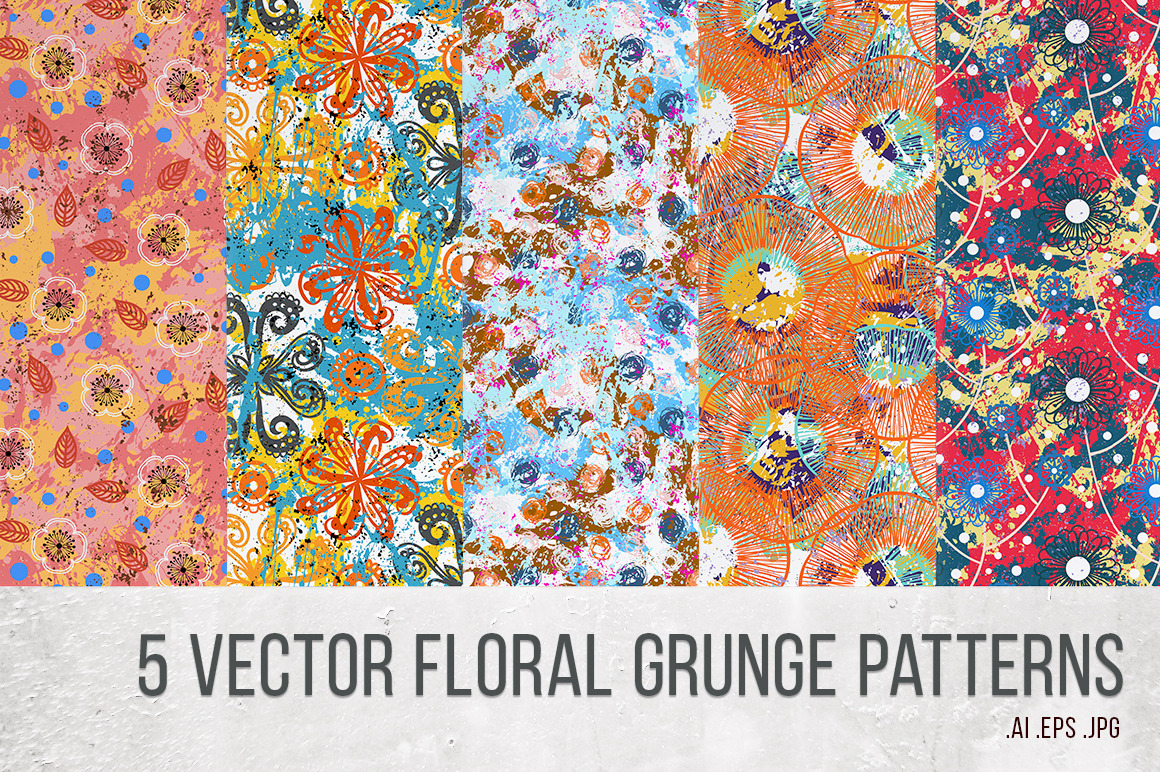 5 Vector floral grunge patterns, a Pattern Graphic by picsome.ca