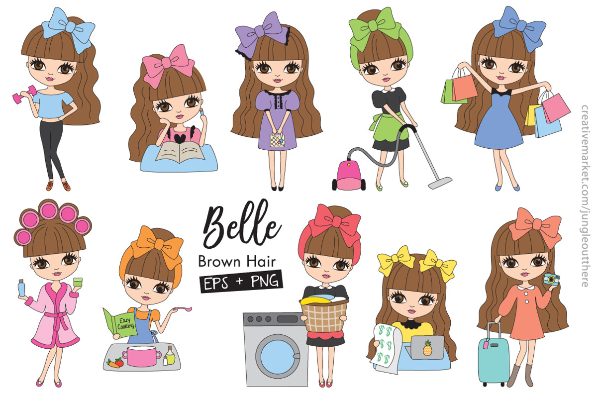 Cute Girl Clip Art Set EPS PNG, a Person Illustration by CreativeCatandCo