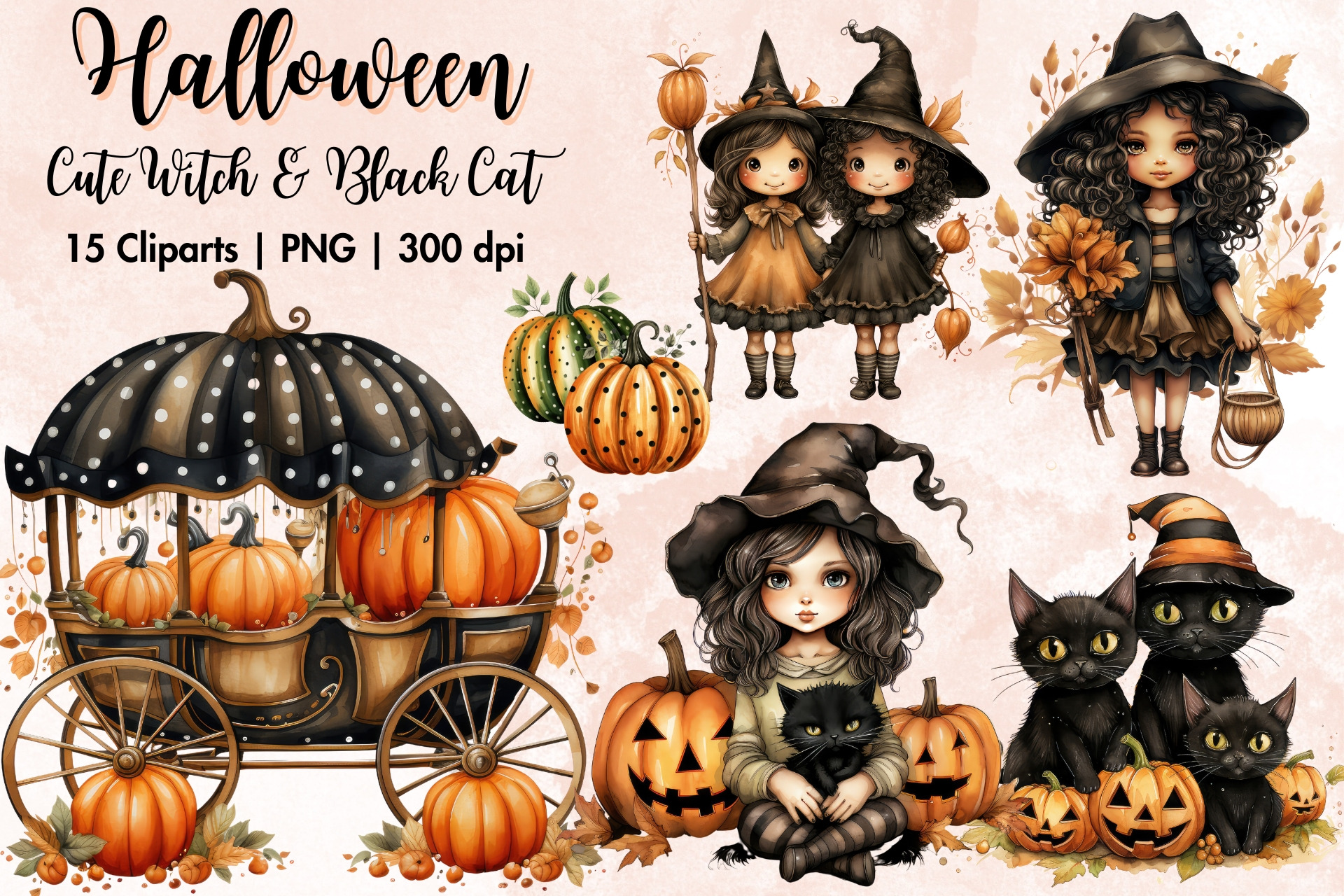 Halloween Cute Witch & Black Cat, a Seasonal Illustration by Maysa Art
