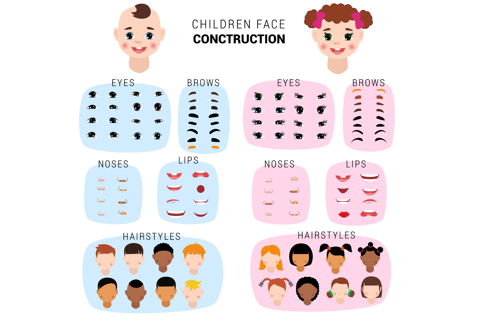 Child face constructor vector kids character of girl or boy avatar ...